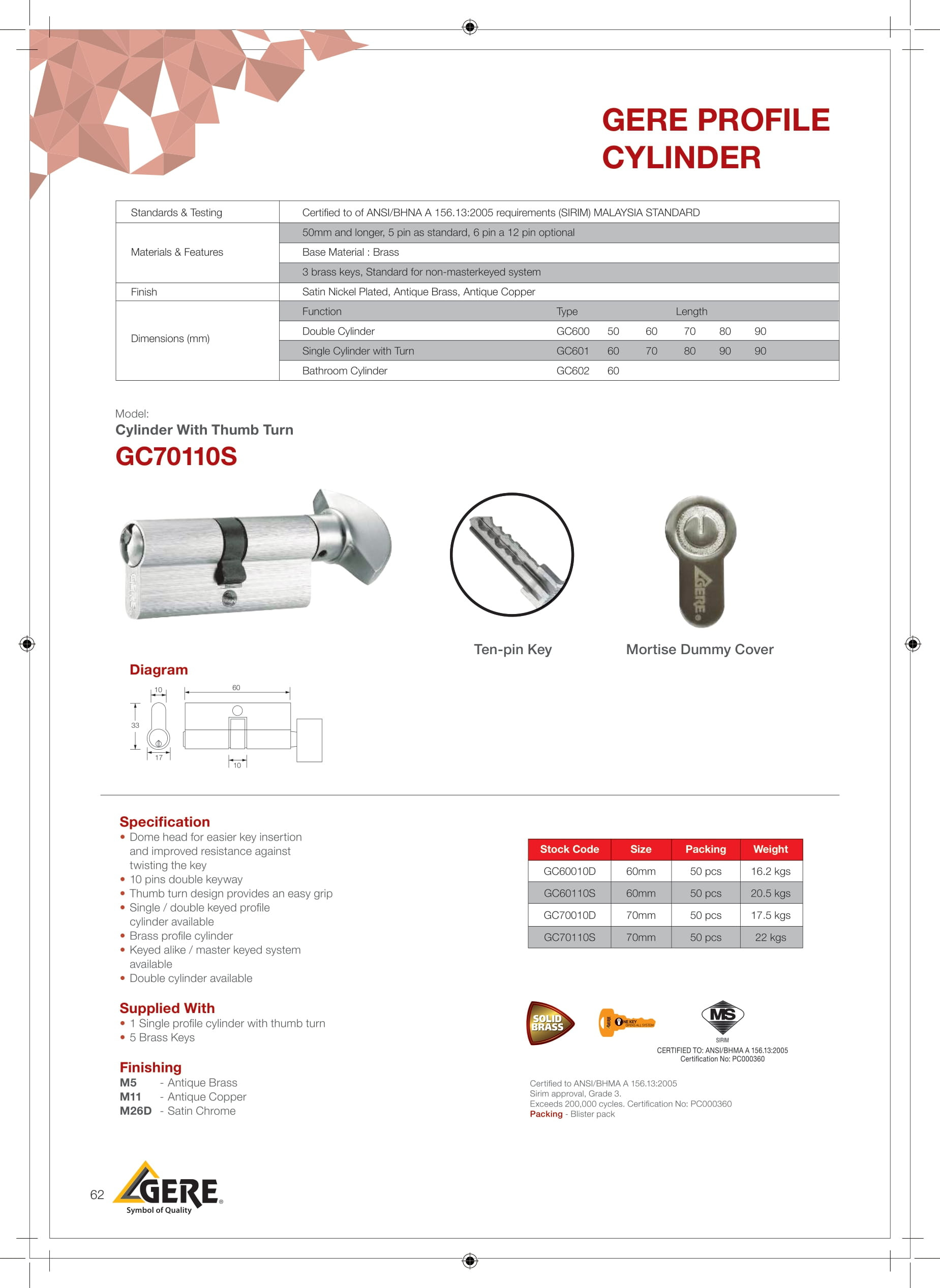 GERE G1007, GML-8561, GC601S HOLLOW LIVER HANDLE C/W MORTISE CASE ...